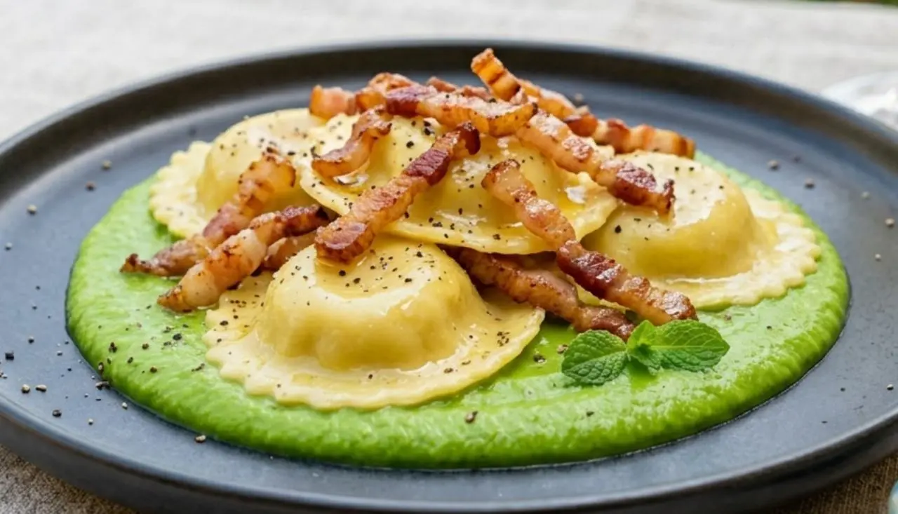 Ravioli di Ricotta con Crema di Piselli e Guanciale